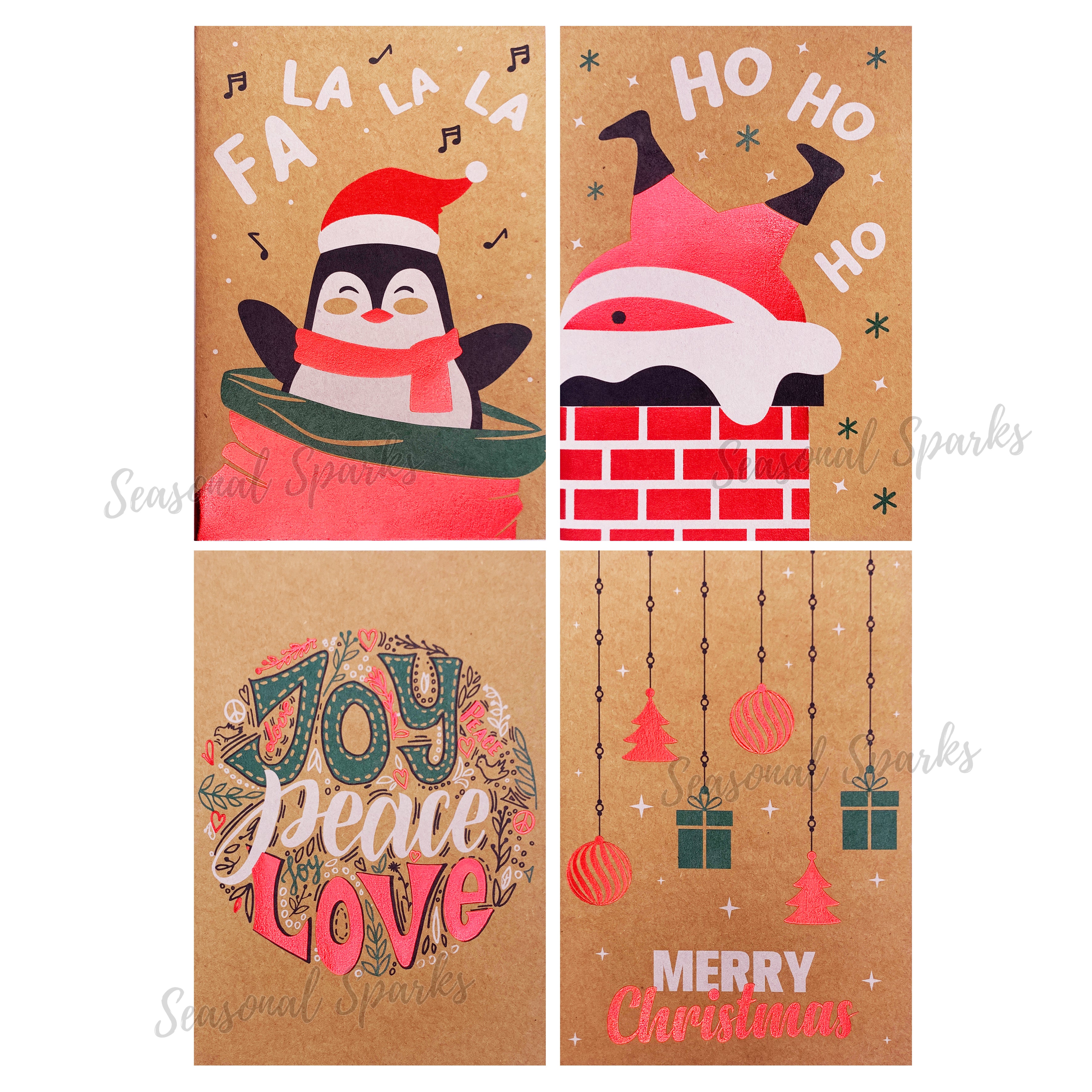 16pk Christmas Greeting Cards & Envelops Kraft Brown Paper Xmas Card ...